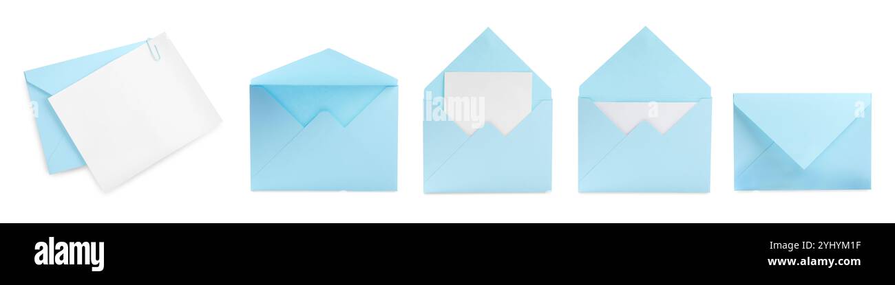 Light blue envelopes and blank letter isolated on white, collage Stock ...