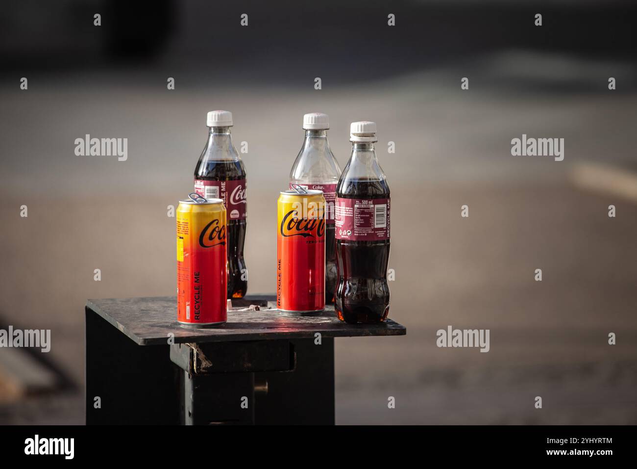 BELGRADE, SERBIA - OCTOBER 21, 2024: Coca-Cola cans and bottles are ...