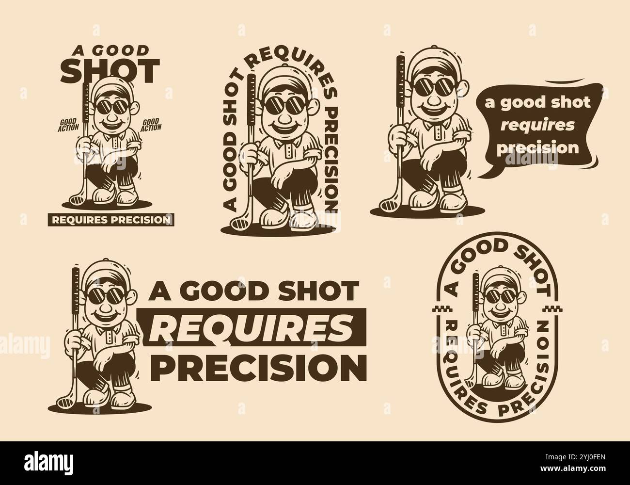 a good shot requires precision. Vintage golfer character holding a ...
