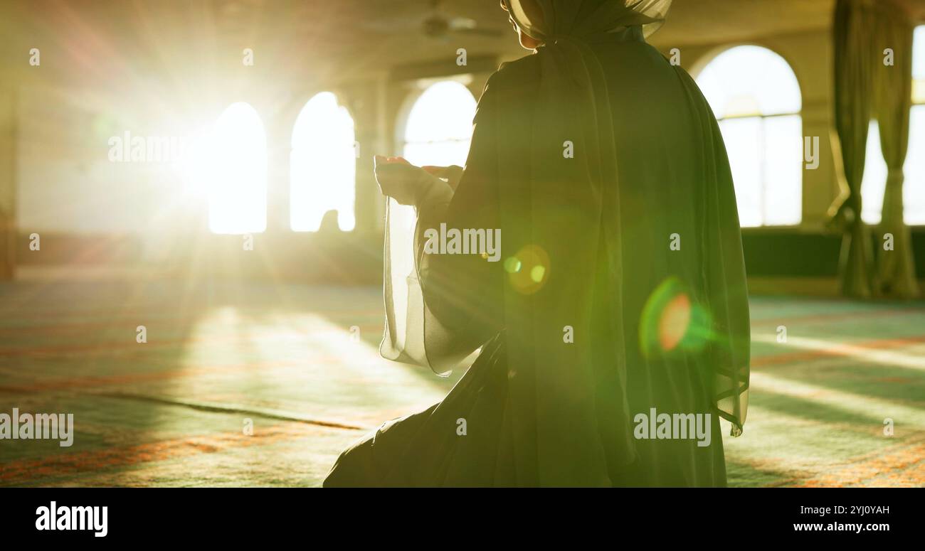 Islamic woman, back or praying to worship in Mosque for Palestine ...