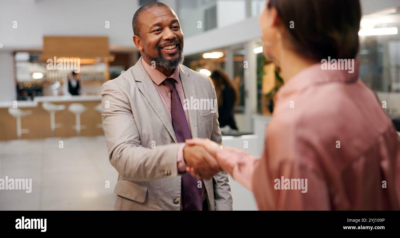 Handshake, hotel lobby and business people with greeting, welcome and ...