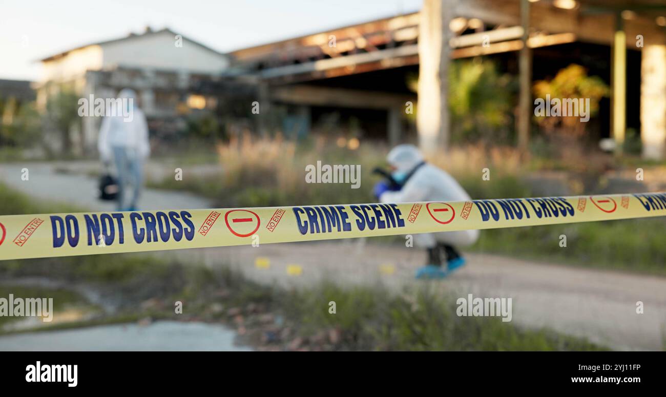Forensic, people and crime scene for evidence outdoor, dna ...
