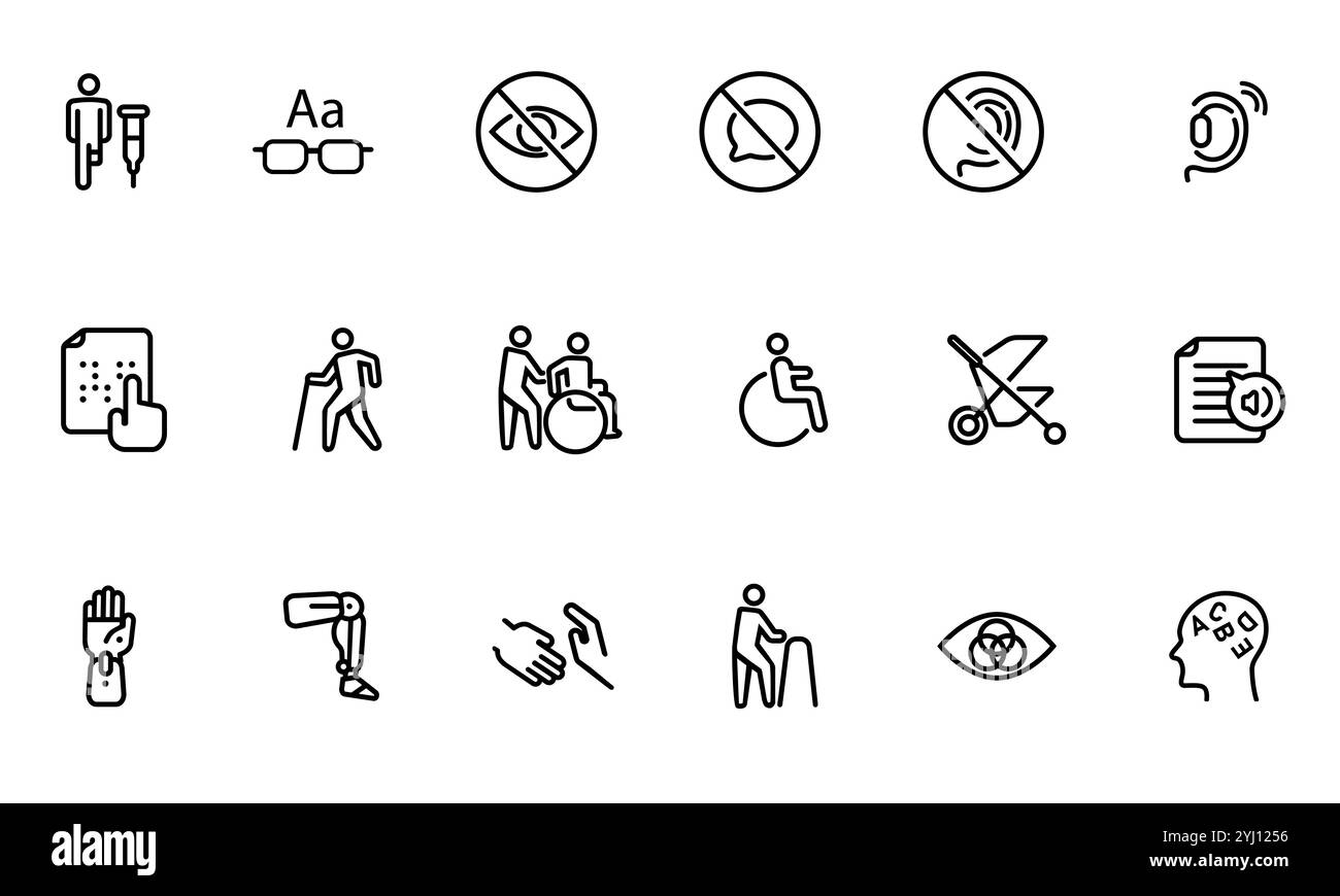 Disability icon set collection disabled person blind hearing braille ...