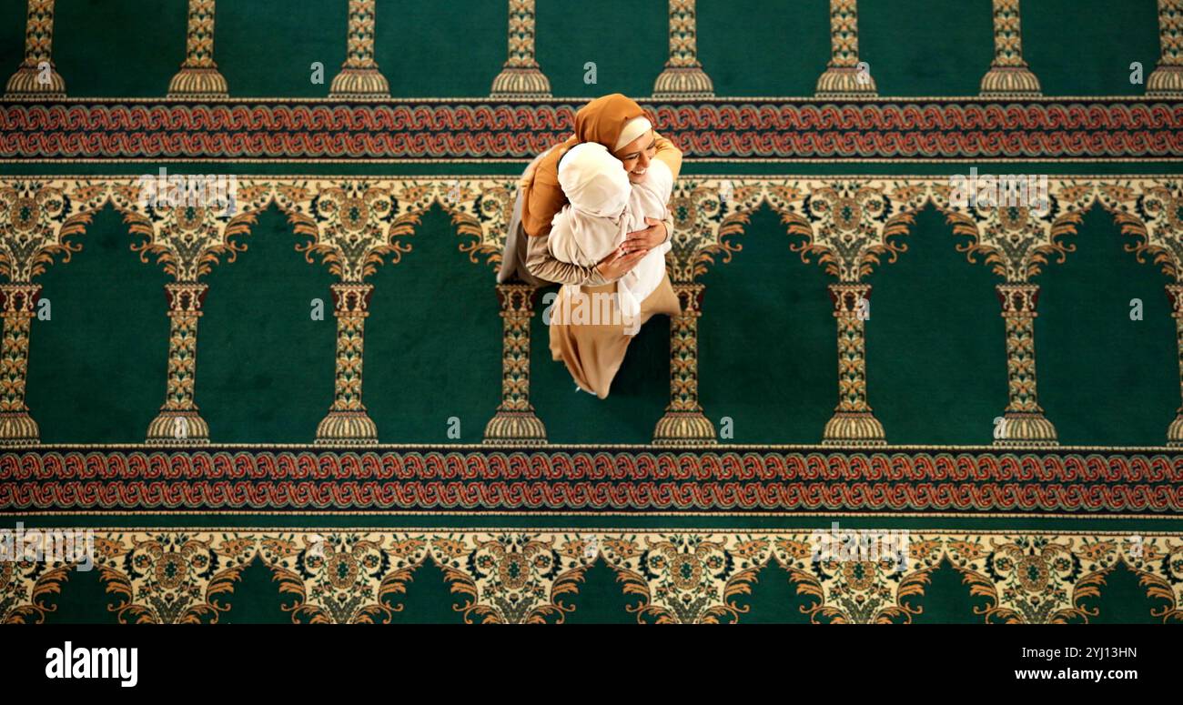 Support, hug or Muslim women in mosque to worship for Palestine ...