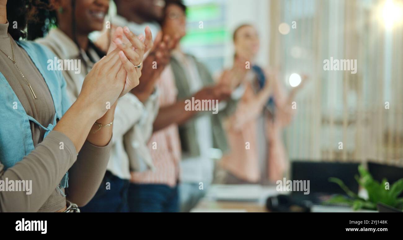 Employees, hands and clapping in office for success, team building and ...