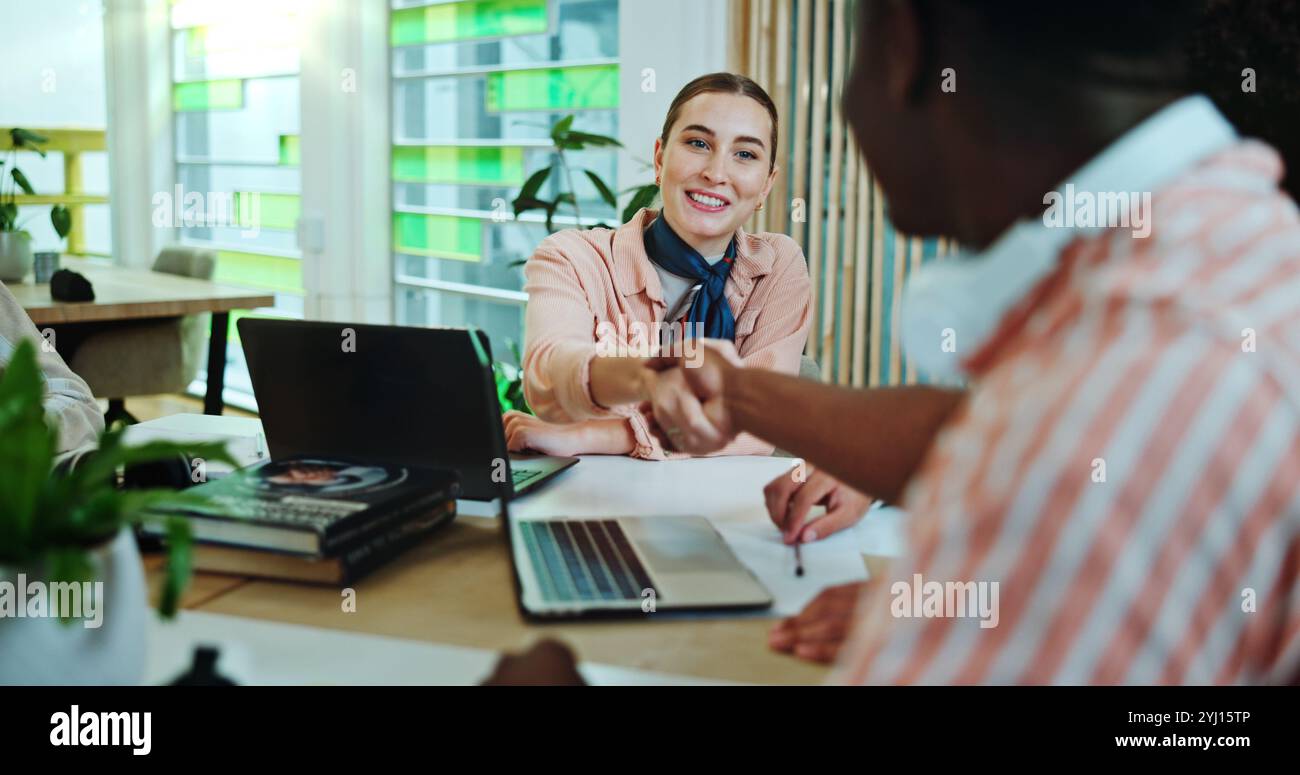 Campus, collaboration and students with handshake for education ...