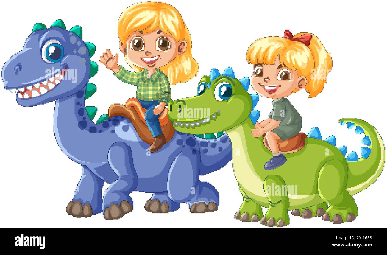 Two kids happily riding colorful dinosaurs Stock Vector Image & Art - Alamy