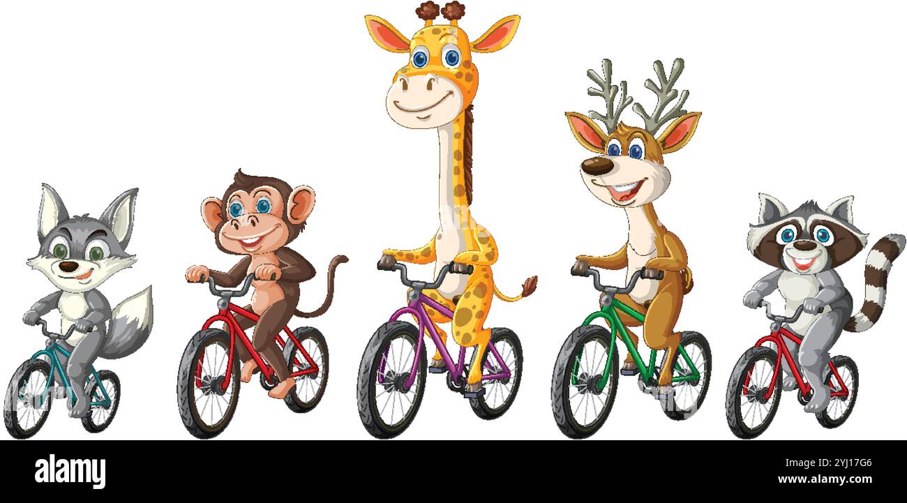 Five animals joyfully cycling in a line Stock Vector Image & Art - Alamy