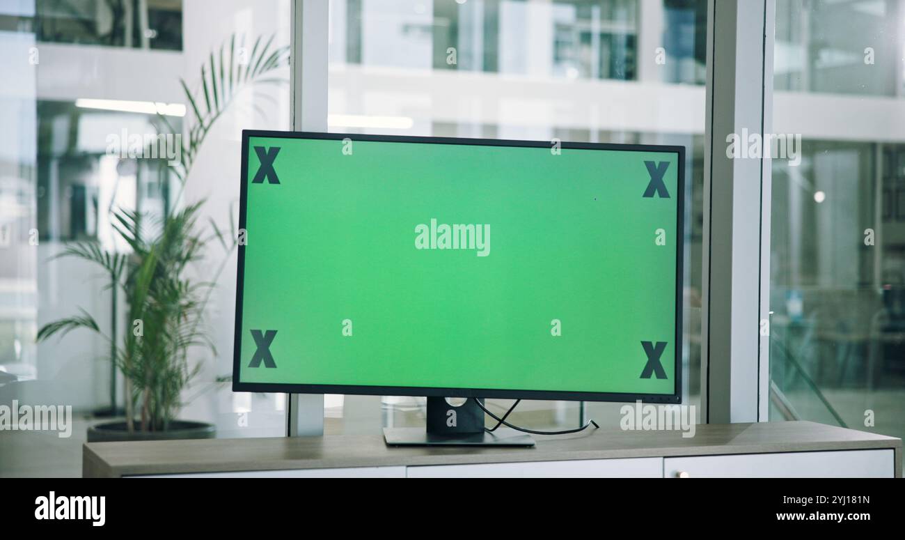Monitor, green screen and office for presentation, computer and mockup ...