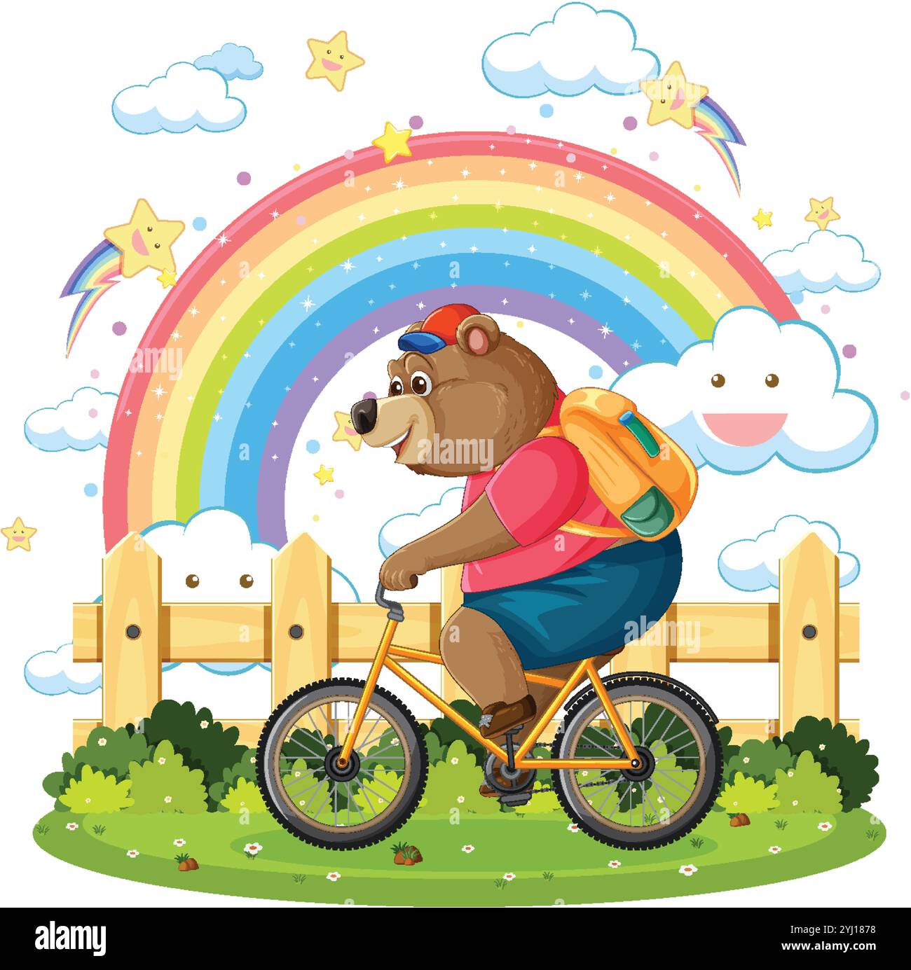 A cheerful bear cycling beneath a colorful rainbow Stock Vector Image ...