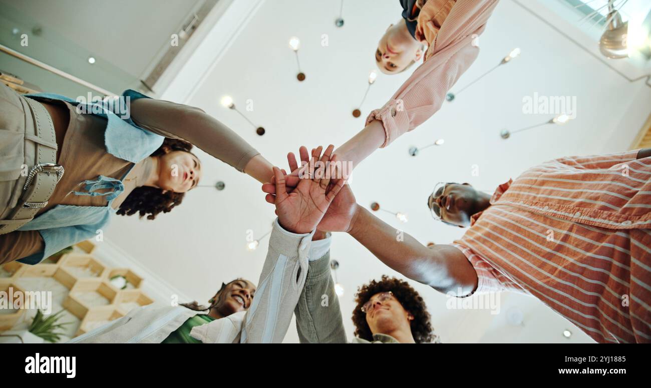 Campus, students and stack of hands for education, english project and ...