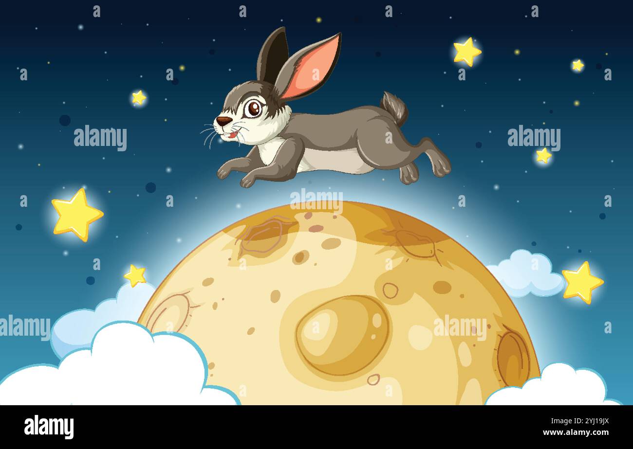 A rabbit jumps over the moon at night Stock Vector Image & Art - Alamy