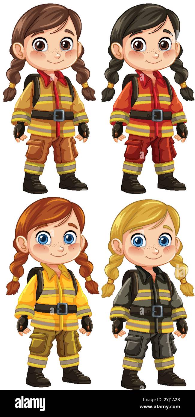 Four cartoon firefighters in different uniforms Stock Vector Image ...