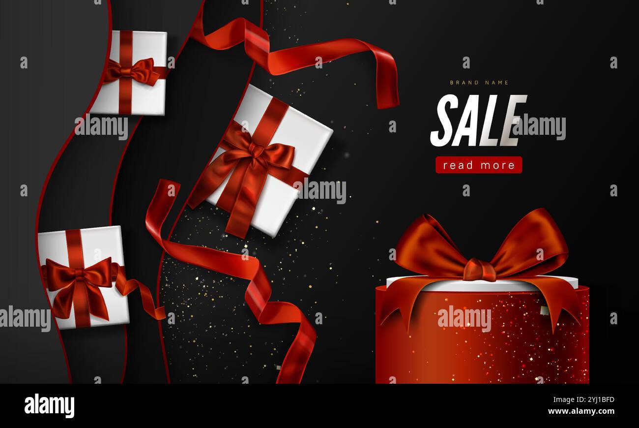 Elegant marketing banner with white gift boxes with crimson ribbons on ...