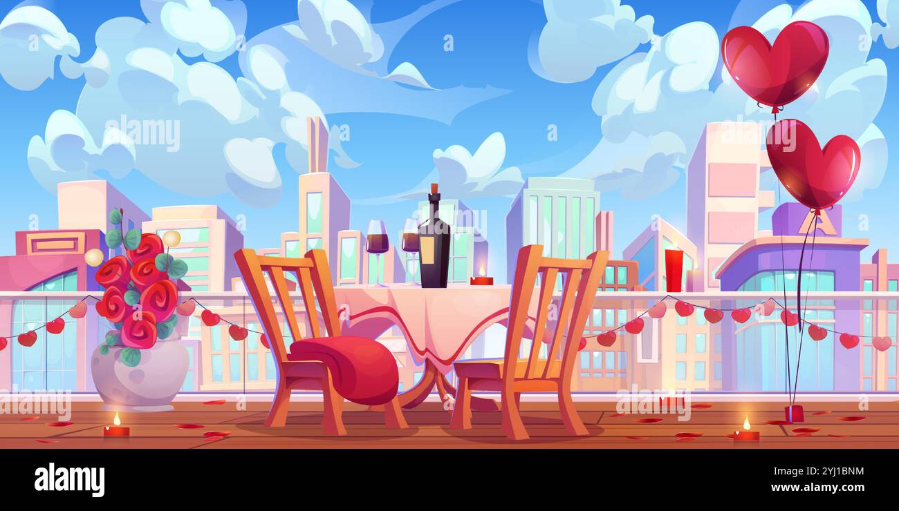 Romantic dinner in rooftop restaurant with cityscape view. Vector ...
