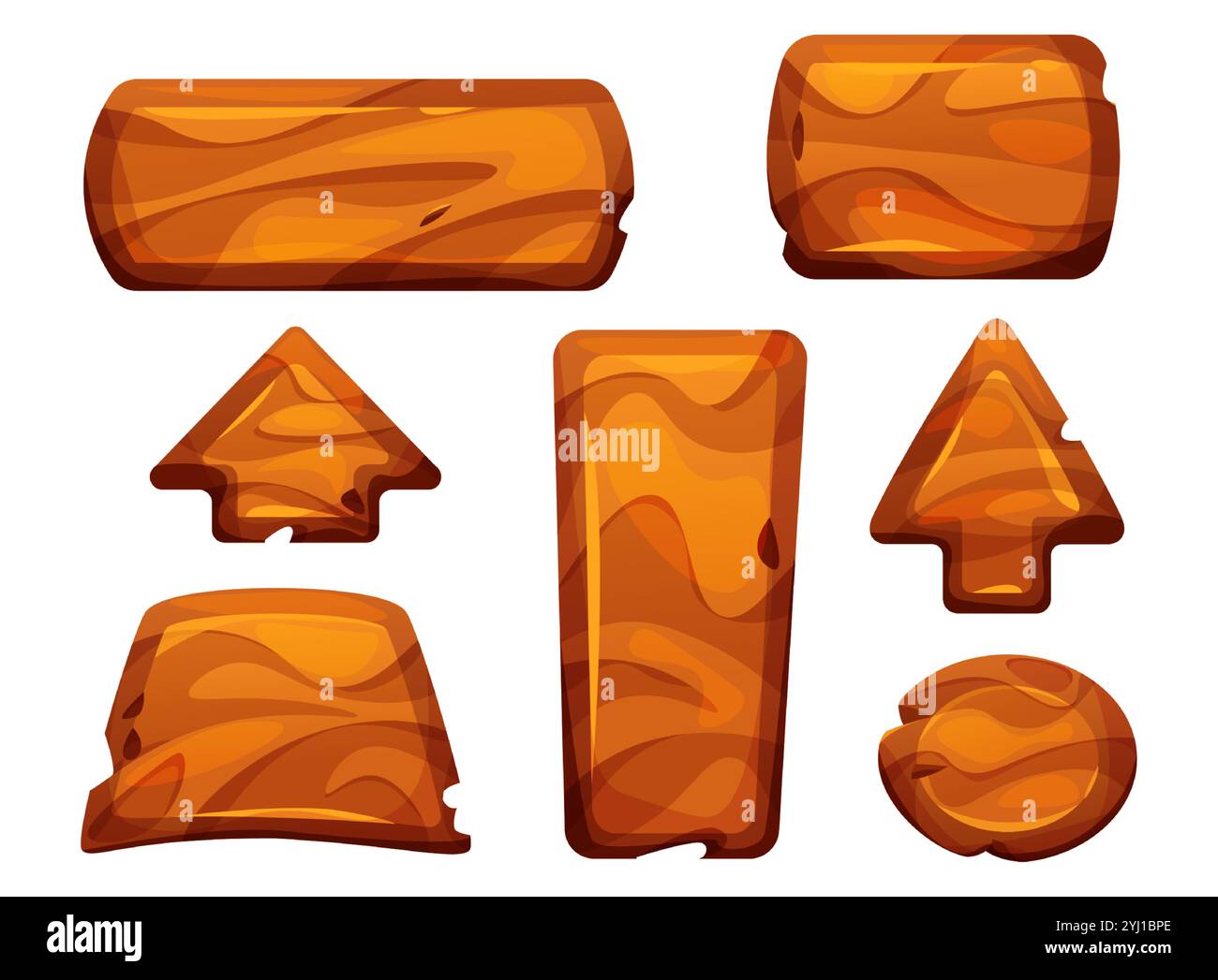 Wooden game interface elements with natural grain texture. Set of rectangular buttons ...
