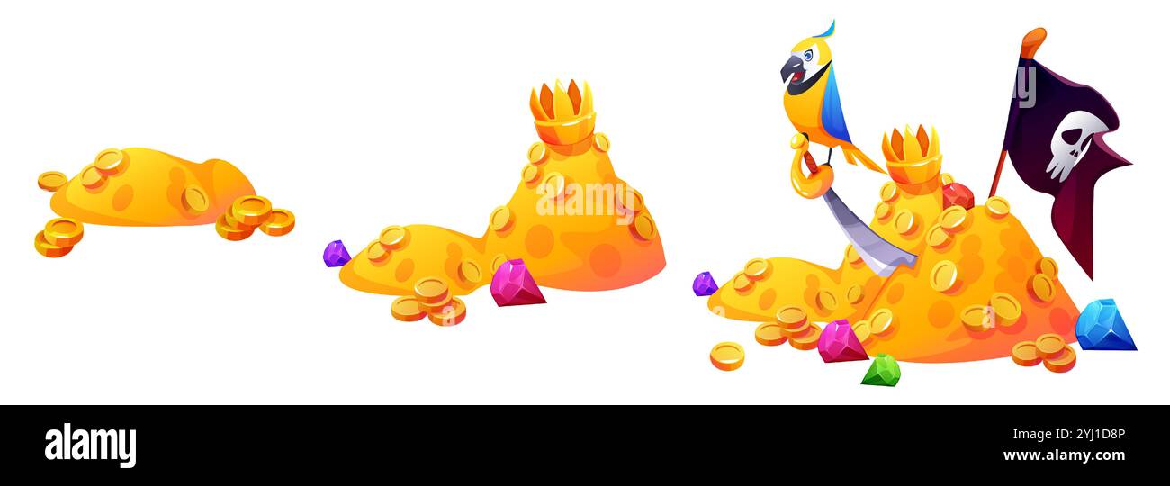 Pirate treasure progression showing increasing gold coin mounds with ...