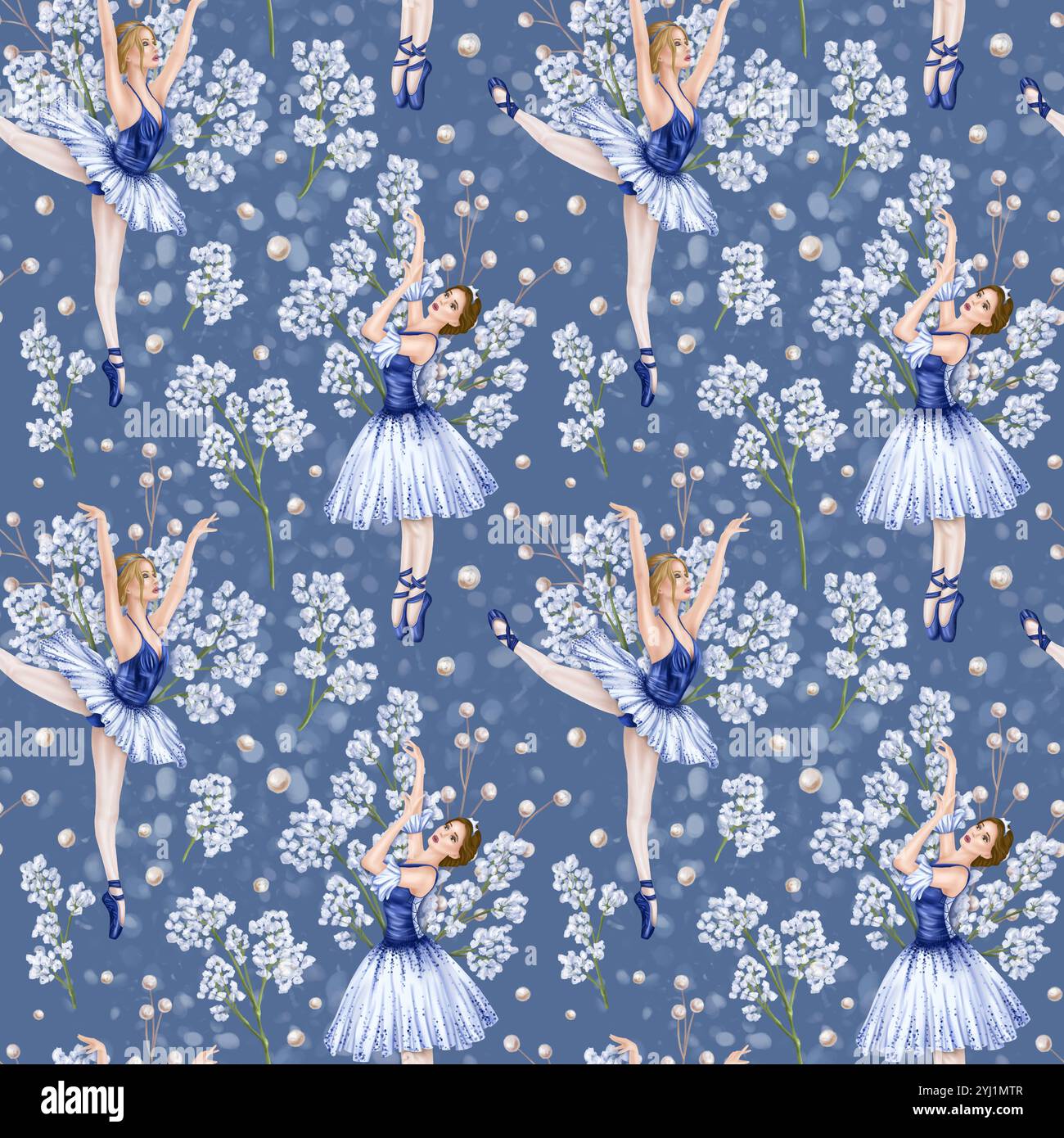Seamless pattern with a dancing ballerina girl decorated with ...