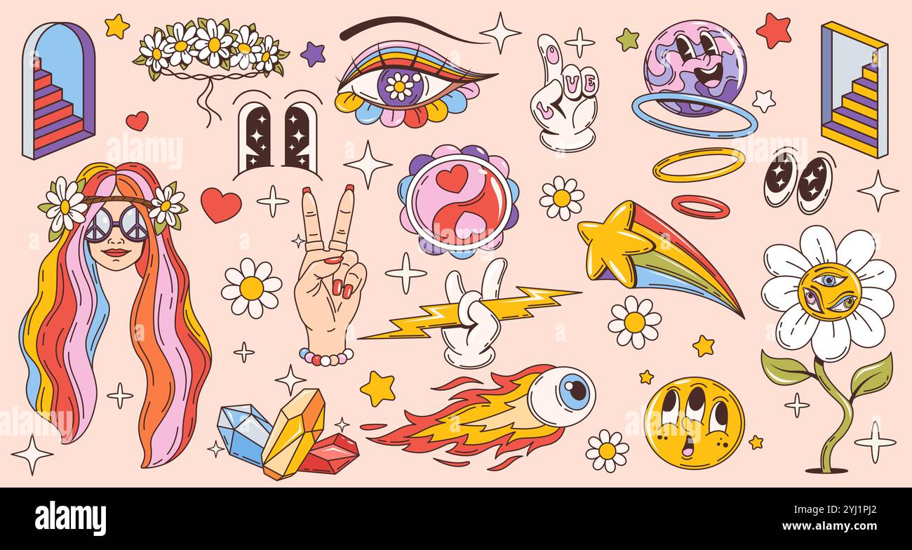 Retro groovy hippie symbols, cartoon smile emoji, psychedelic daisy ...