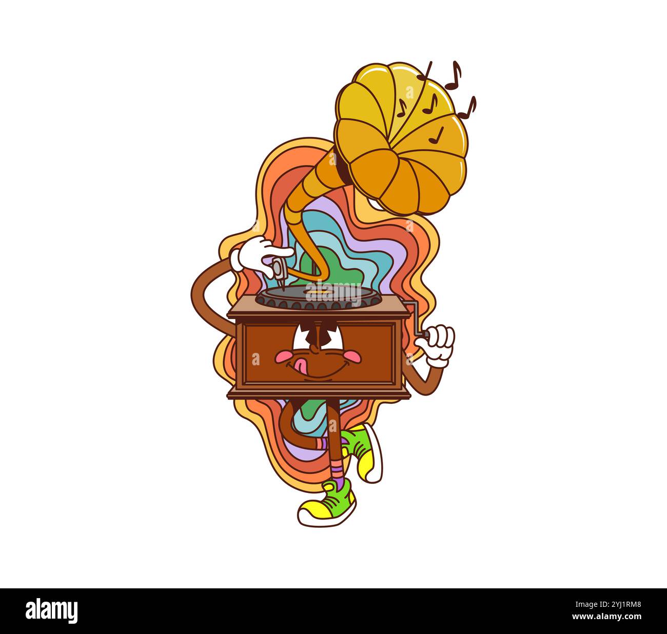 Cartoon groovy gramophone musical instrument character with smiling ...