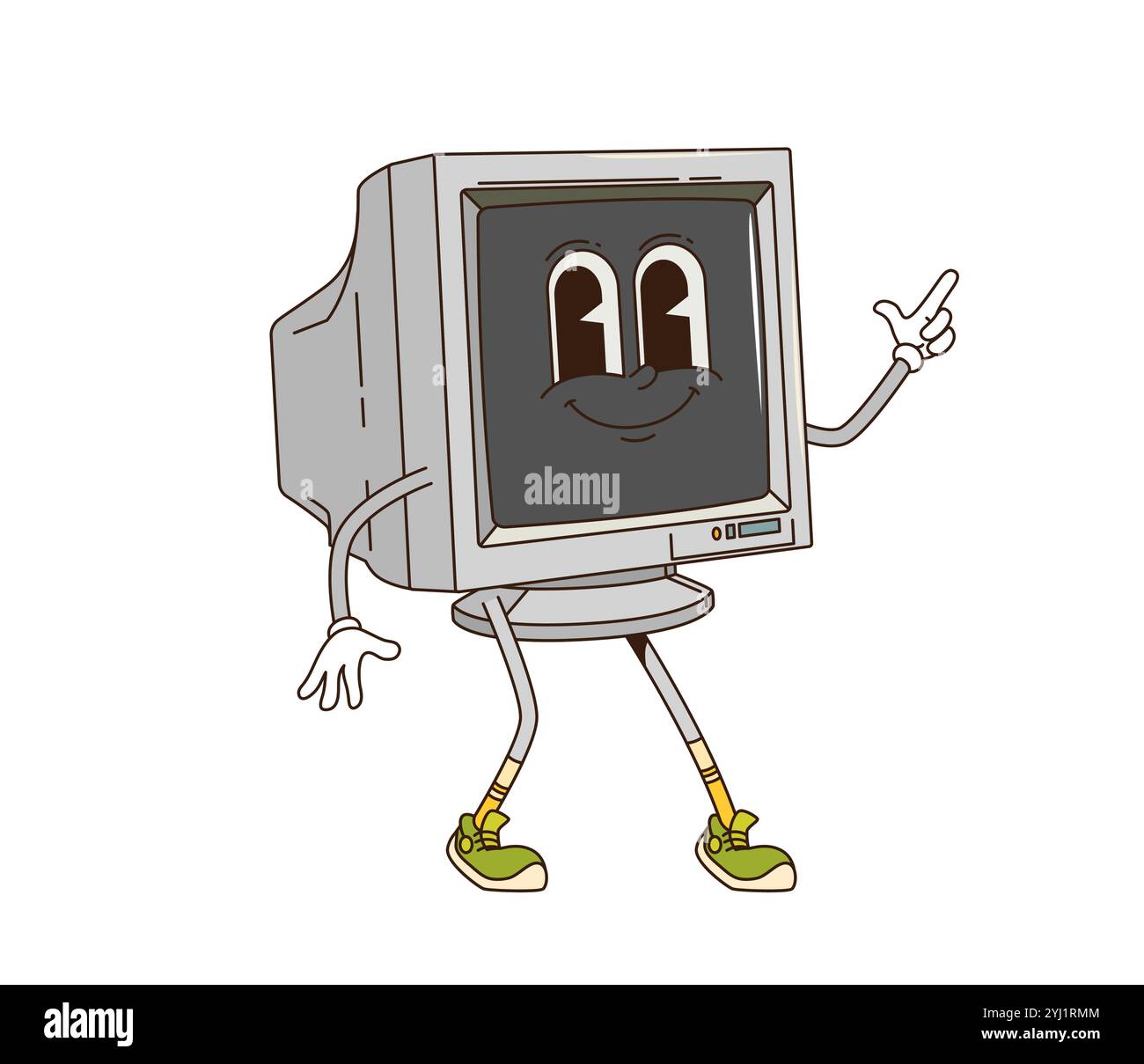 Cartoon groovy computer display retro character with funny face, vector funky comic. Groovy ...