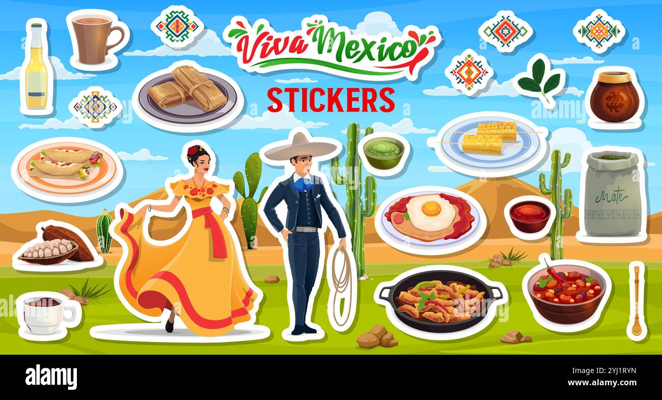 Mexican cuisine and national characters stickers pack. Mexico food ...