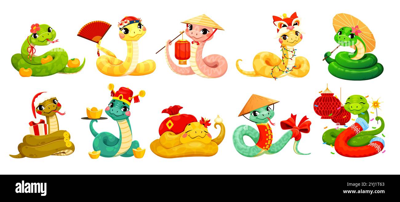 Cartoon 2025 Chinese lunar New Year snake characters for Asian holiday ...