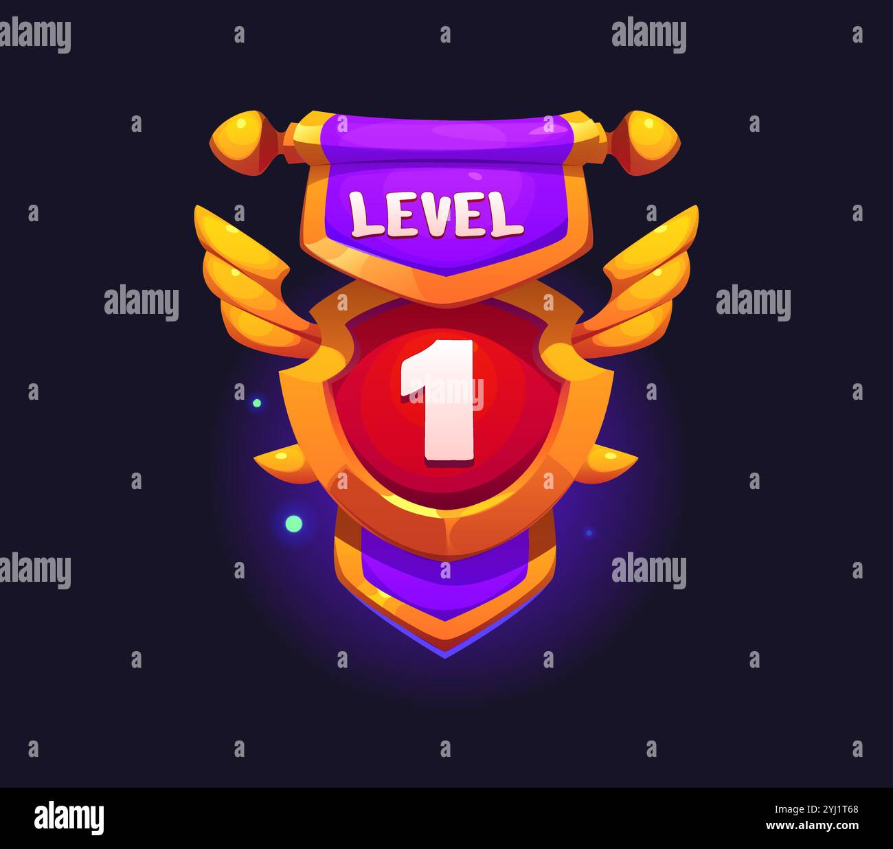 Game level up badge icon, victory rank shield medal award with gold ...