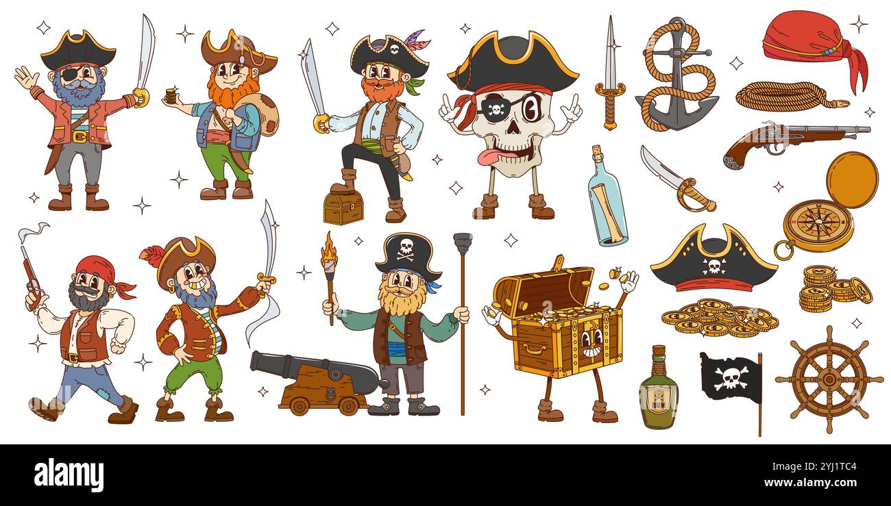 Retro cartoon groovy pirate and corsair characters in costumes. Psychedelic hippie pirate ...