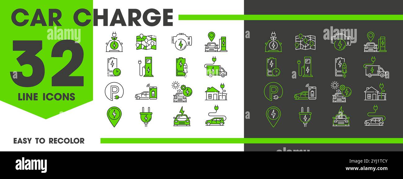 Car charge line icons or green energy and electric vehicles, vector ...