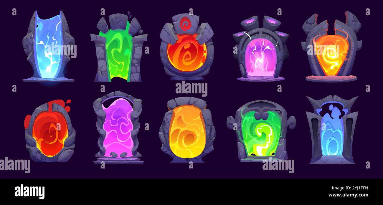 Magic portal doors, fantasy stone arch game asset, vector UI. Cartoon ...
