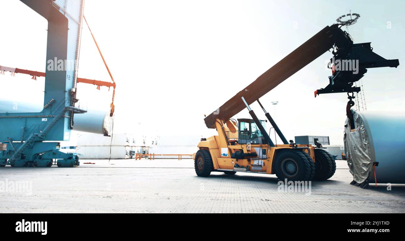 Shipping, container and reach stacker for logistics, transport or lift ...