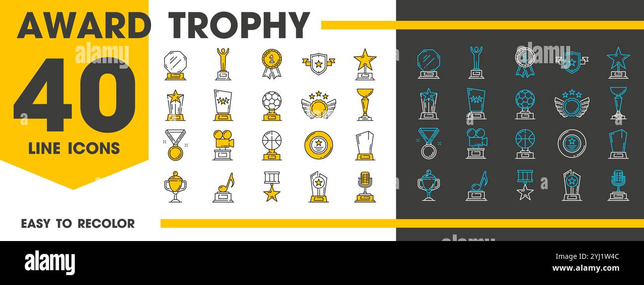 Award trophy line icons of winner cup goblet, reward prize and badge ...