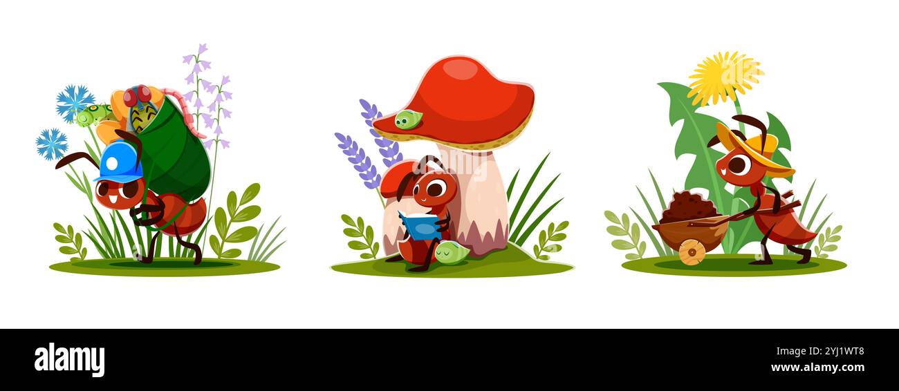 Cartoon ants characters, cute colony insects carrying food and resting ...