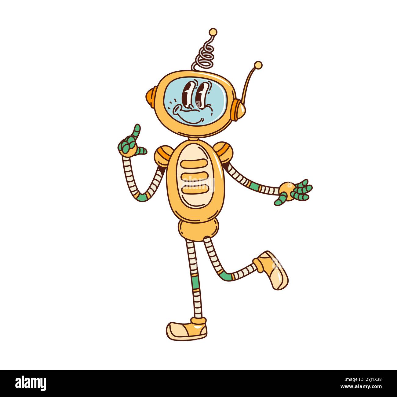Cartoon retro groovy robot character with funny face and antenna vector ...