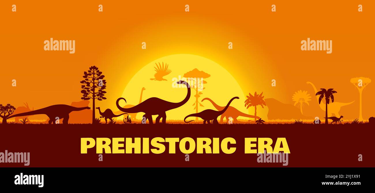 Prehistoric era dinosaurs silhouettes in sunset landscape of Jurassic ...