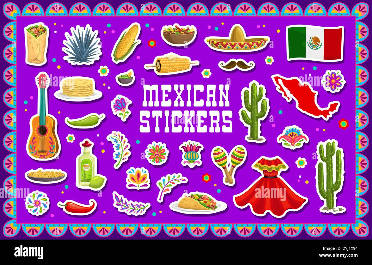 Stickers pack of mexican food and objects. Vector cartoon Mexico map ...