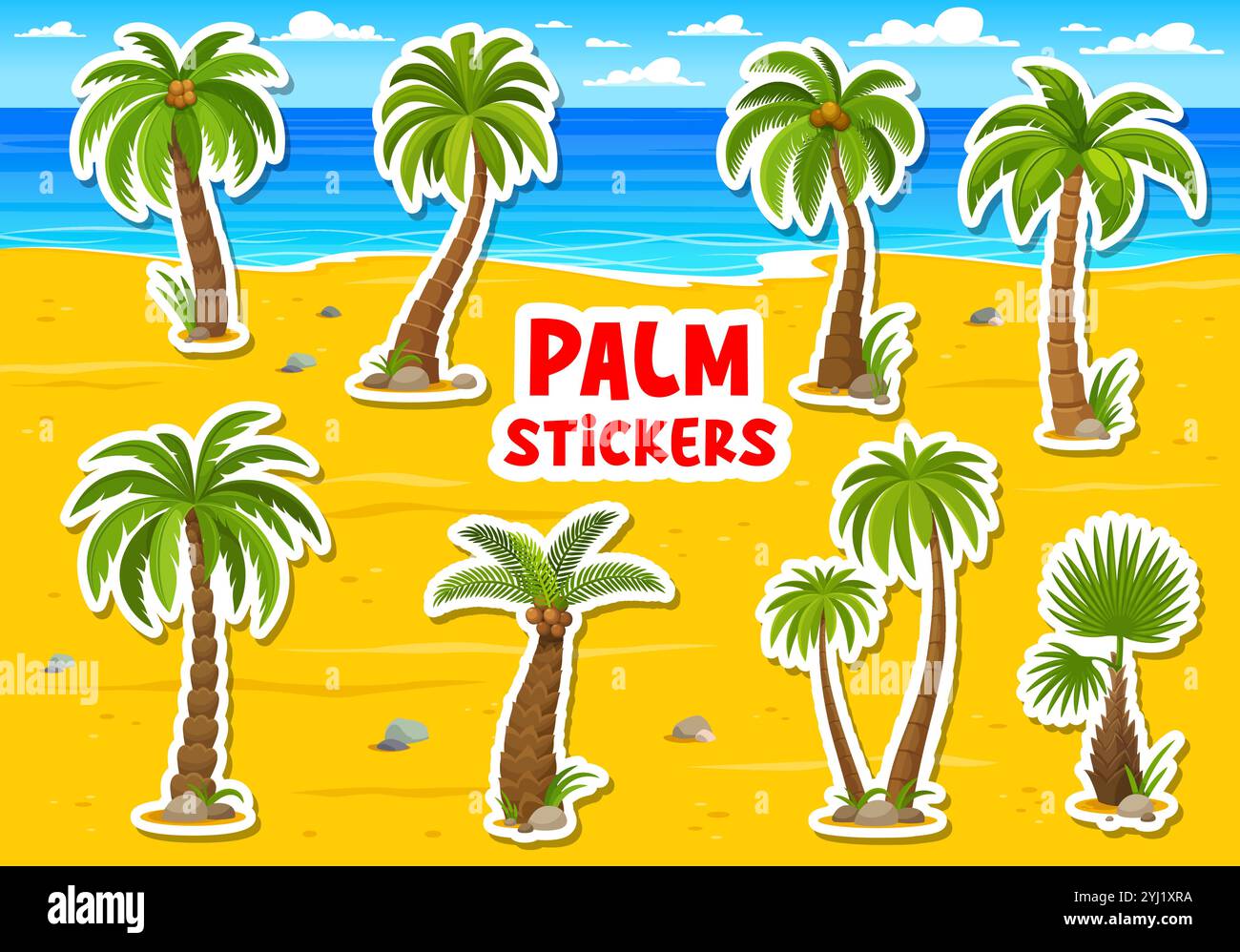 Cartoon jungle coconut and banana palm trees stickers pack on tropical ...