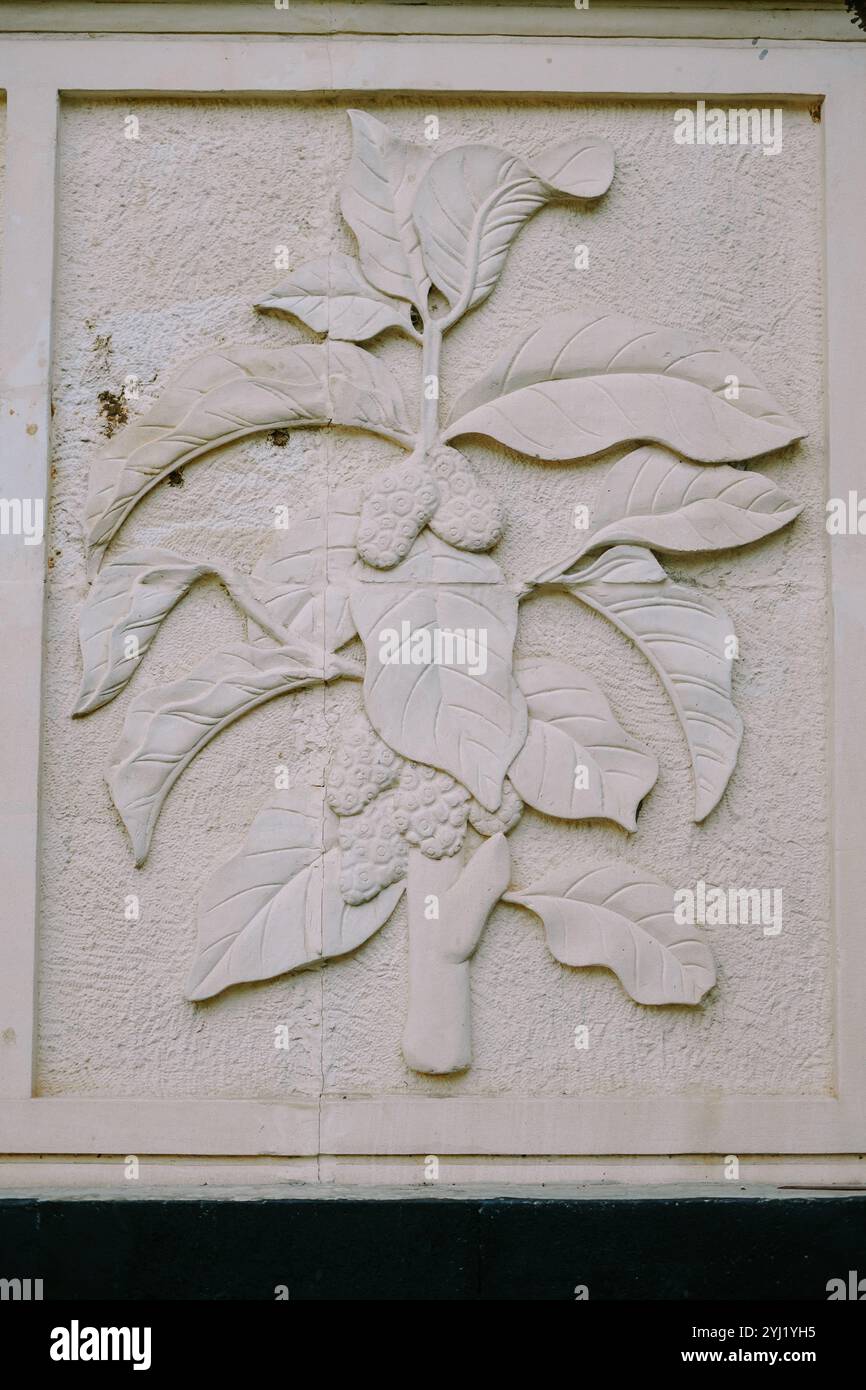 Bogor, November 9, 2024. A detailed carved stone relief depicting large ...