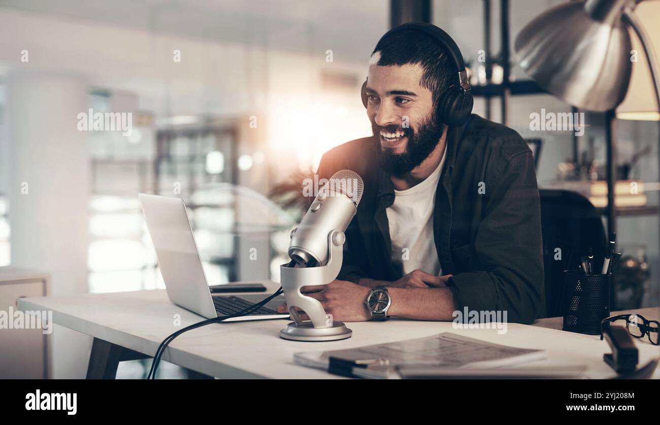 Radio host, headphones and man with laptop, microphone and online talk ...