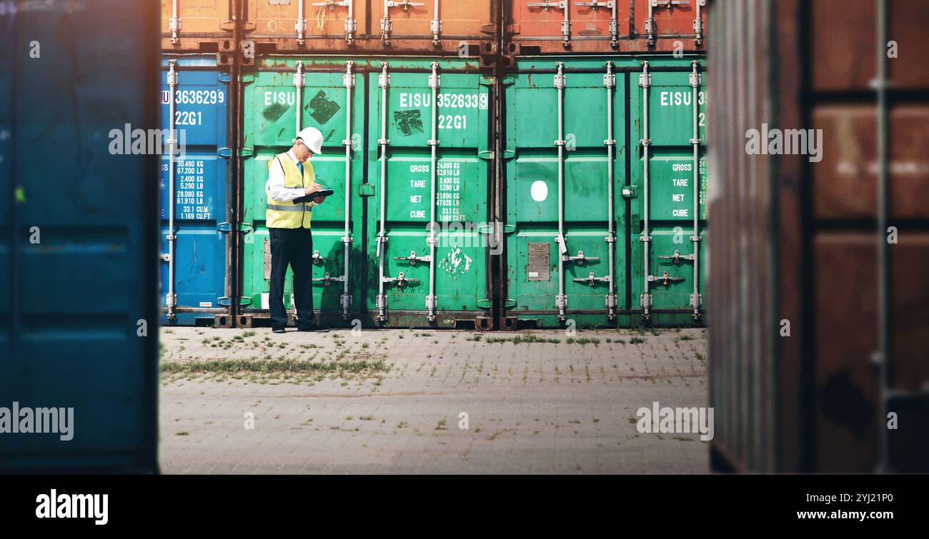 Mature man, tablet and container for shipping at harbor, inspection or ...