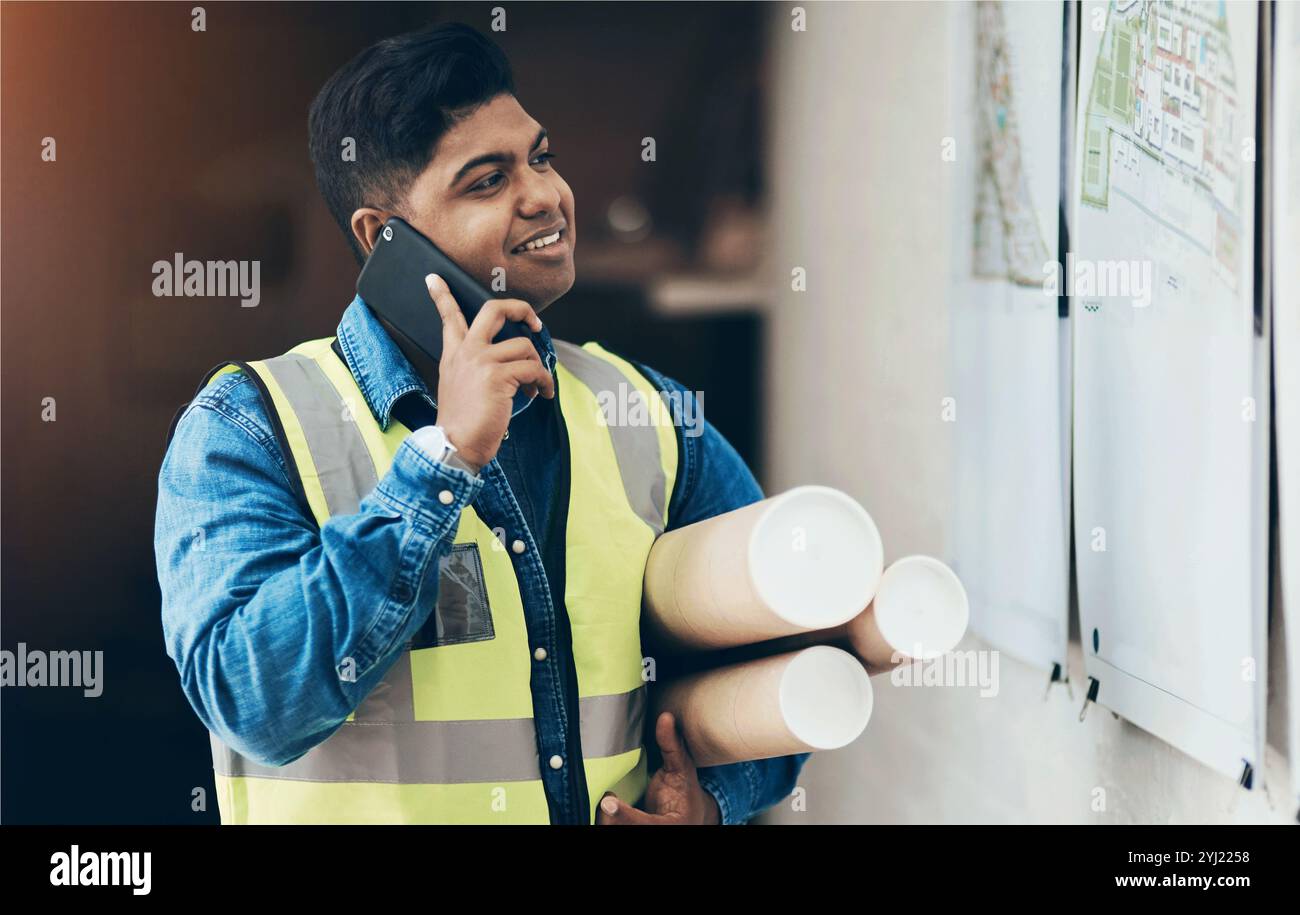 Engineer, phone call and man with blueprint, conversation and schedule ...