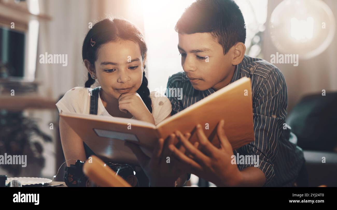 Children, book and siblings reading for learning, bonding and brain ...