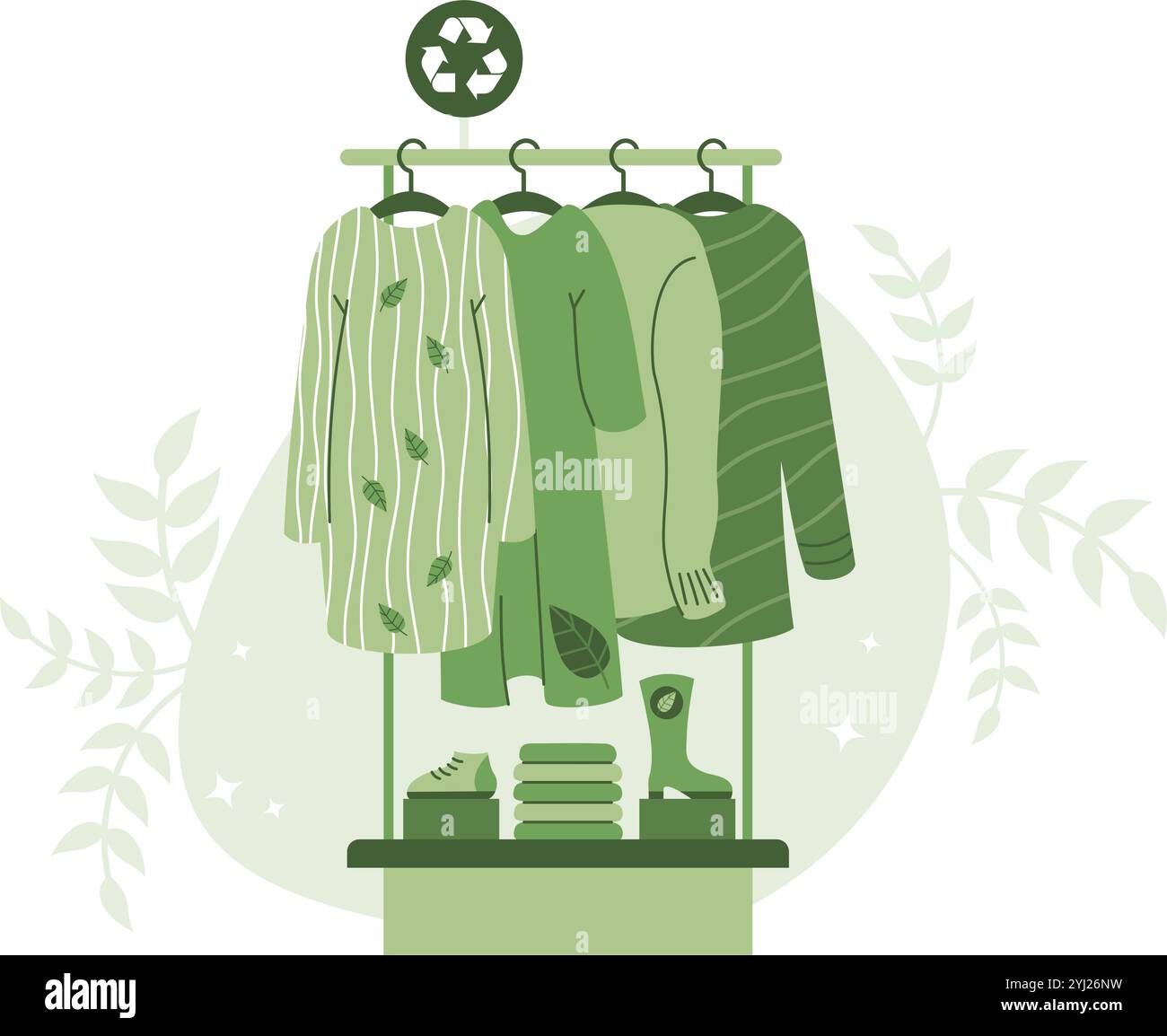 Sustainable Fashion. Eco friendly apparel. Fashionable Eco-conscious attire on hangers, shoes ...