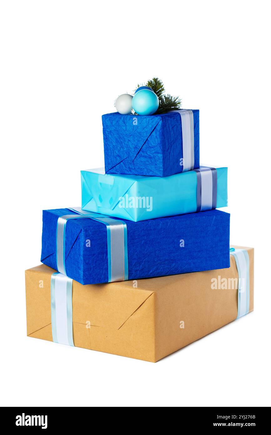 Blue and white christmas gifts isolated on white Stock Photo - Alamy