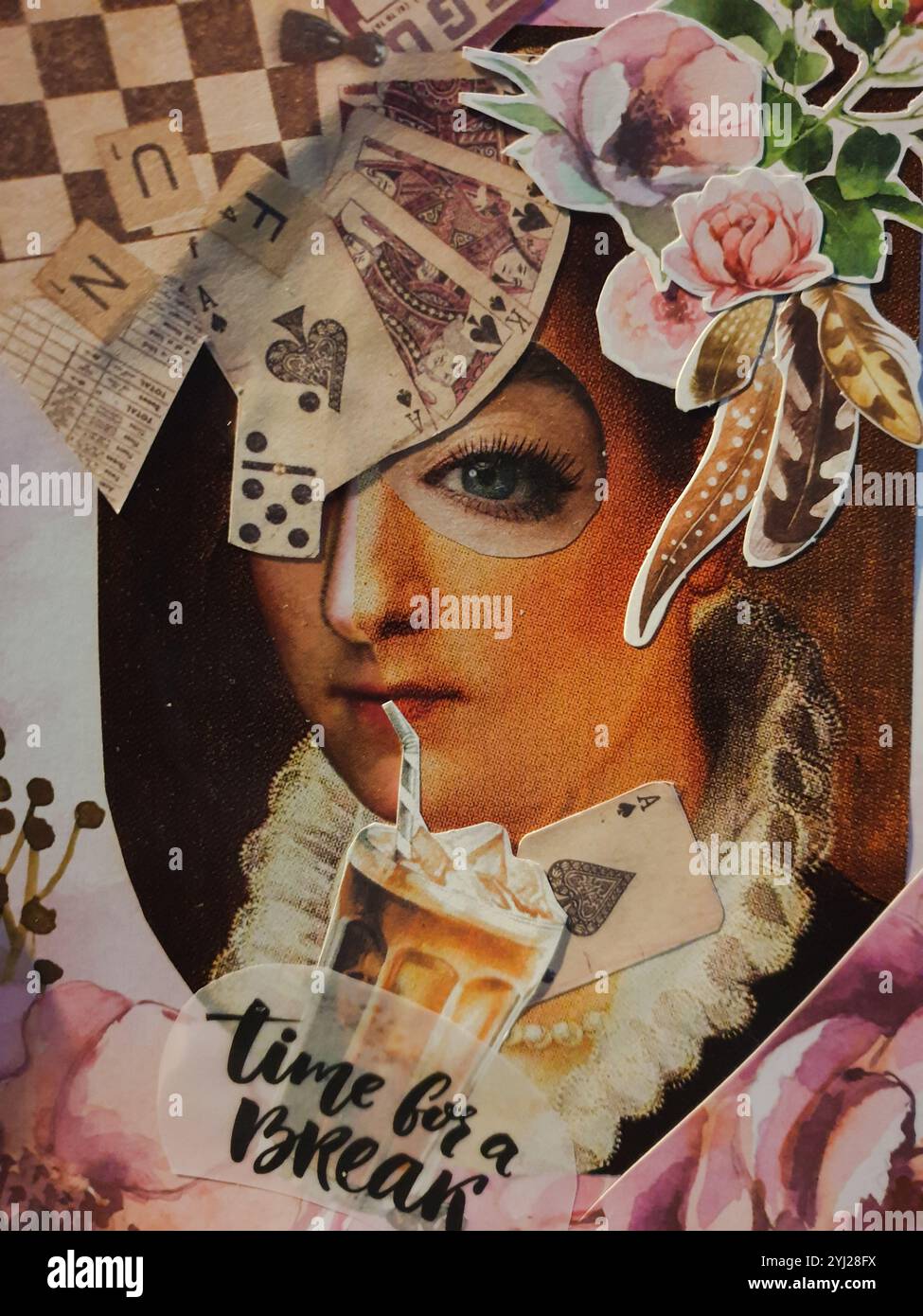 Conceptual collage art of a vintage woman slurping coffee through a ...