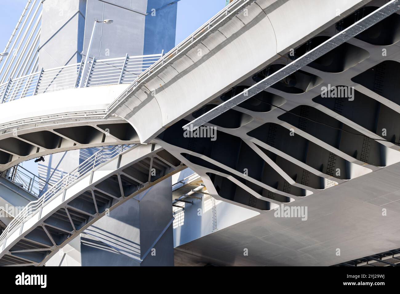 Abstract industrial photo with bottom view of a road bridge with ...