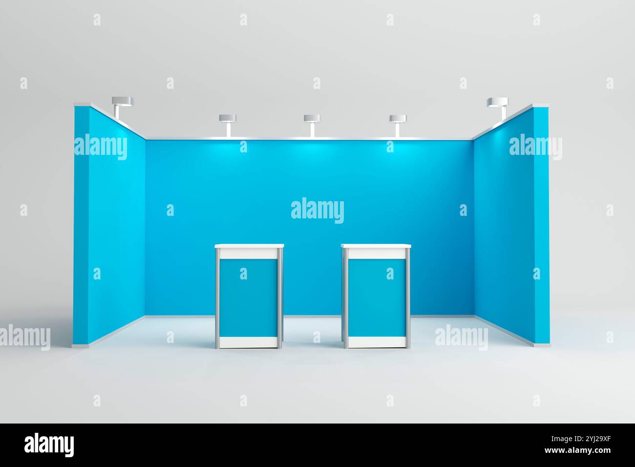 A modern blue exhibition booth setup with two display counters in the center, highlighted by ...