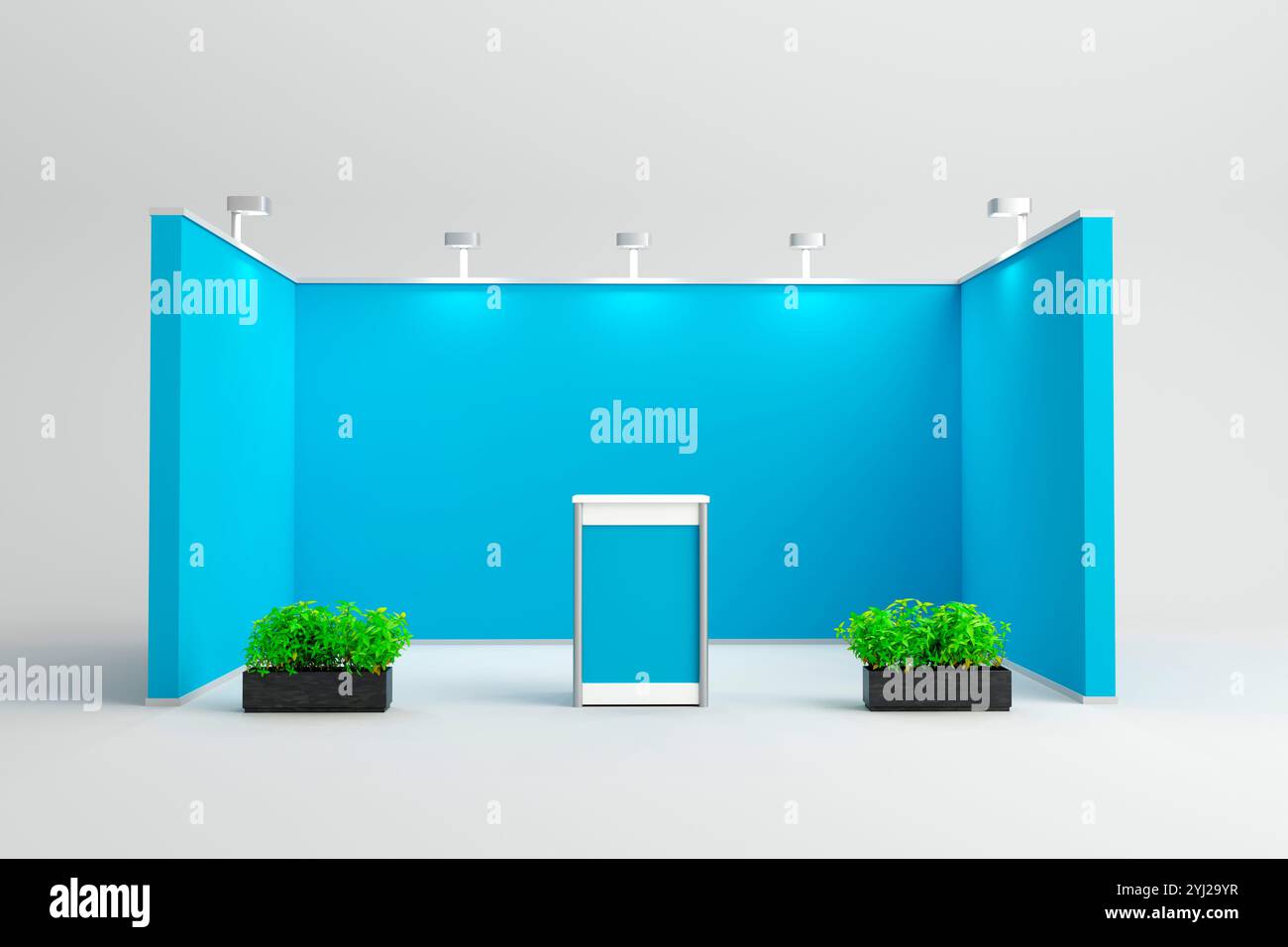 A blue exhibition booth setup with a central podium and green plants on ...
