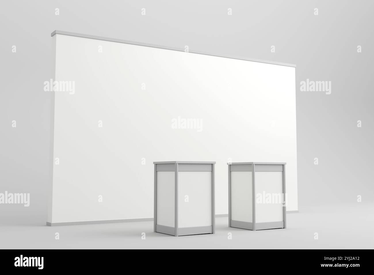 Two blank display counters set in front of a large white backdrop ...
